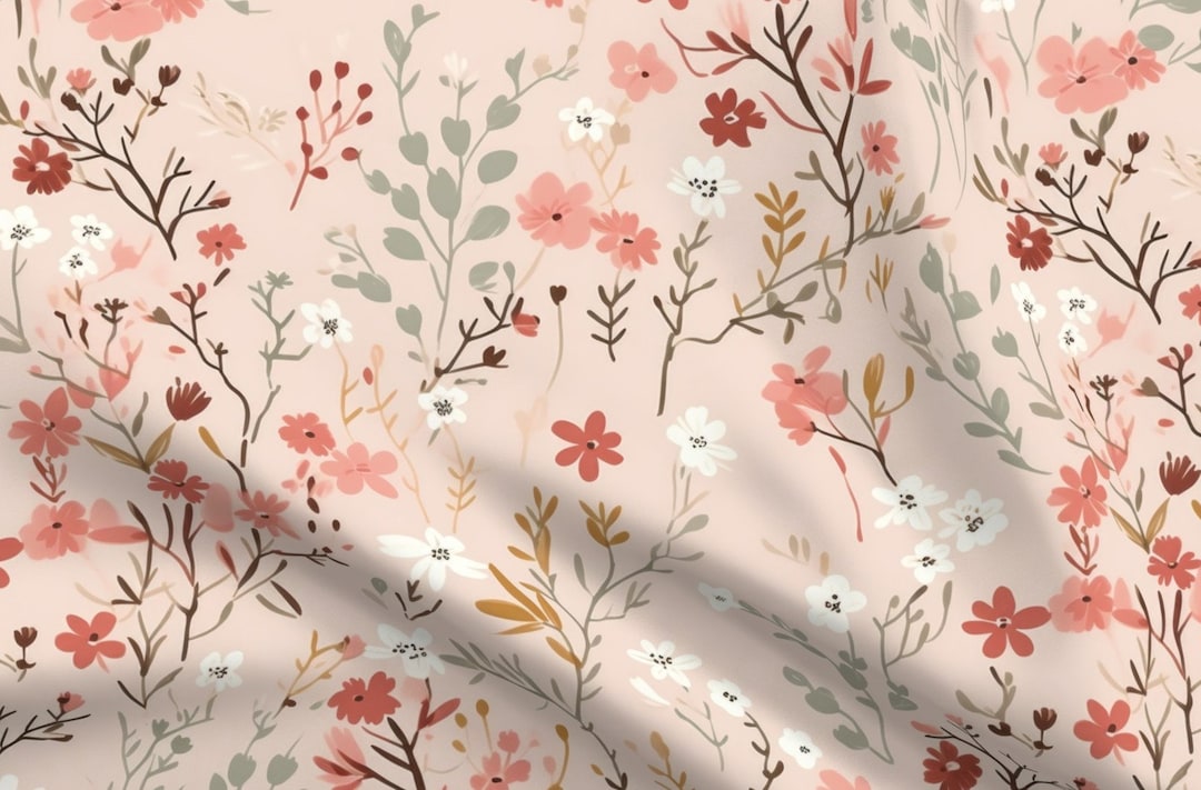 Peach Botanical Flower Fabric by the Yard Sage Green and Coral Pink ...