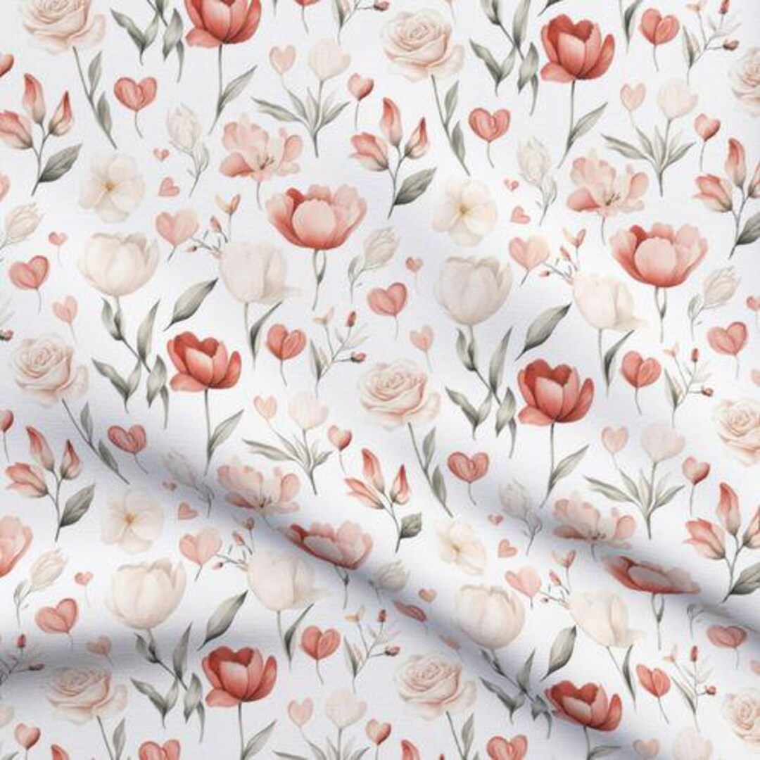 Tulip Fabric by the Yard Dusty Rose Floral Watercolor Red Heart ...