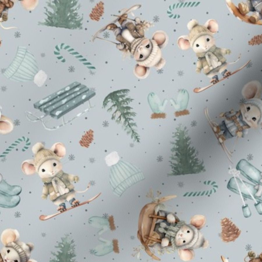Woodland Winter Mice Fabric by the Yard Cozy Blue Winter Quilting ...