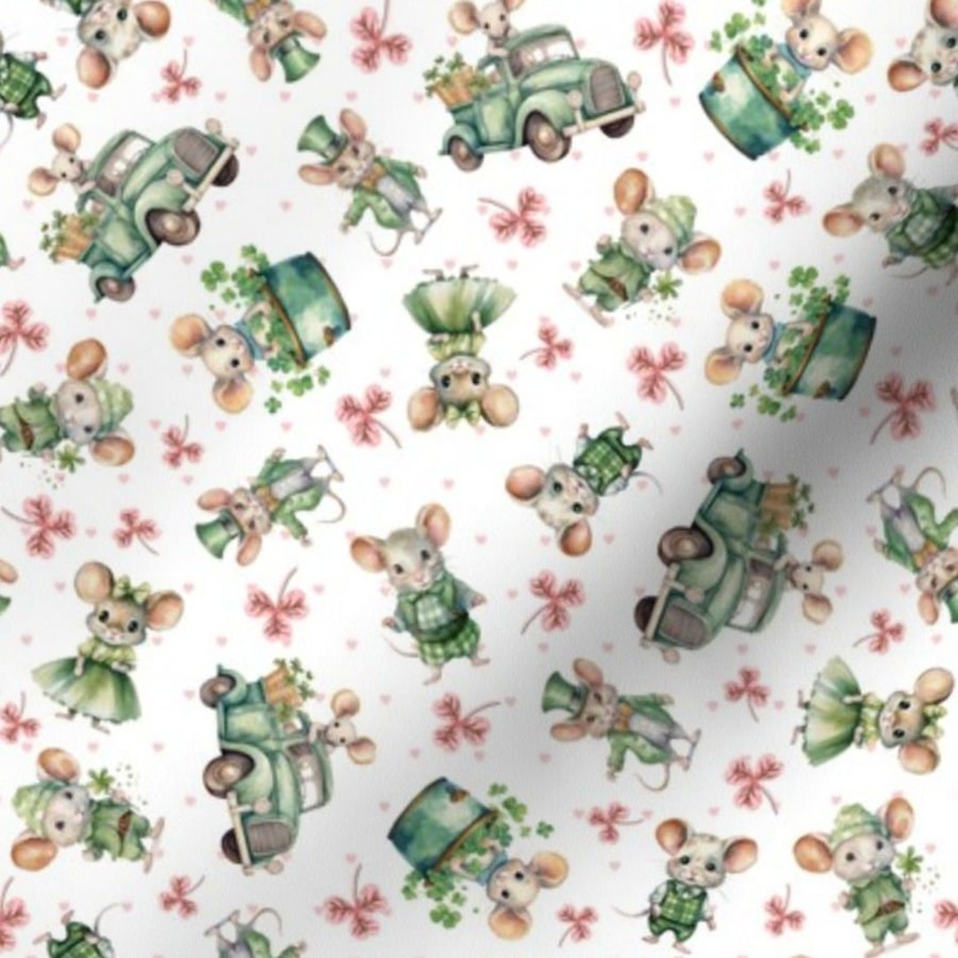 Pink St. Patrick's Day Mice Fabric by the Yard Pink Shamrock Fabric ...