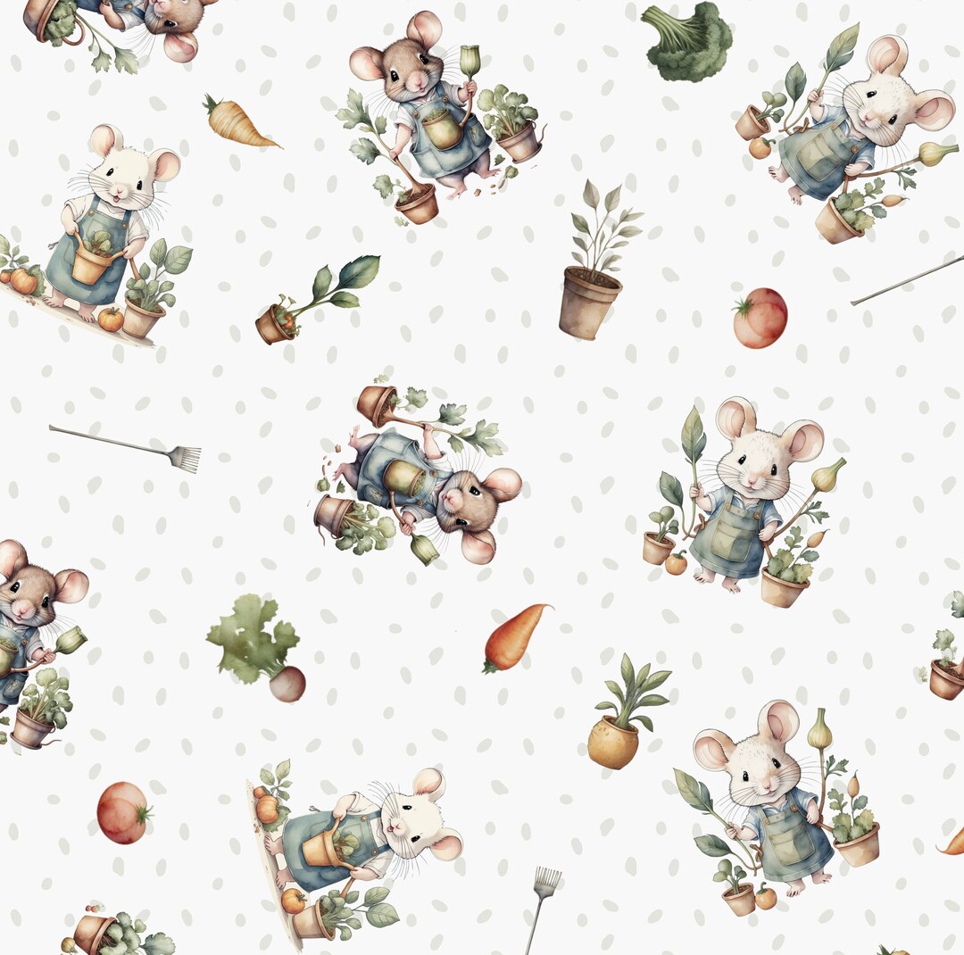 Garden Mice Fabric by the Yard Cute Mice Gardening Vegetable Garden ...