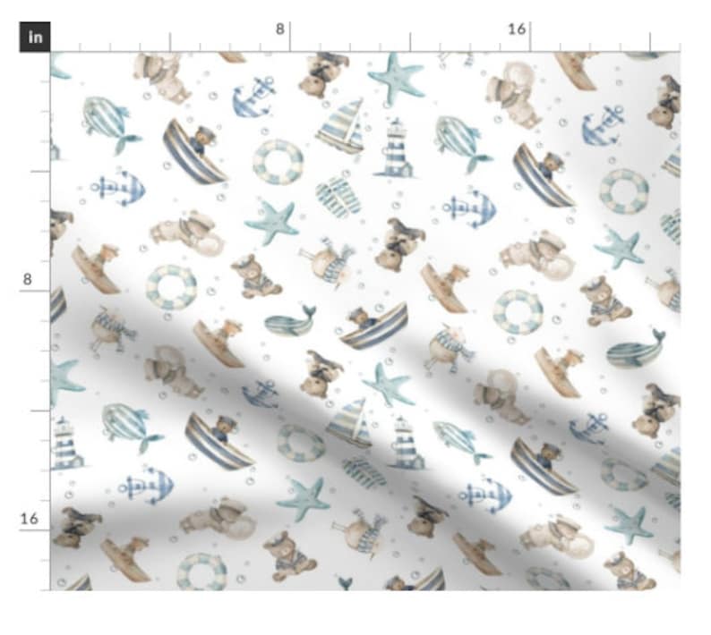 Nautical Teddy Bear Fabric by the Yard Dusty Blue Gray Boy Nautical ...