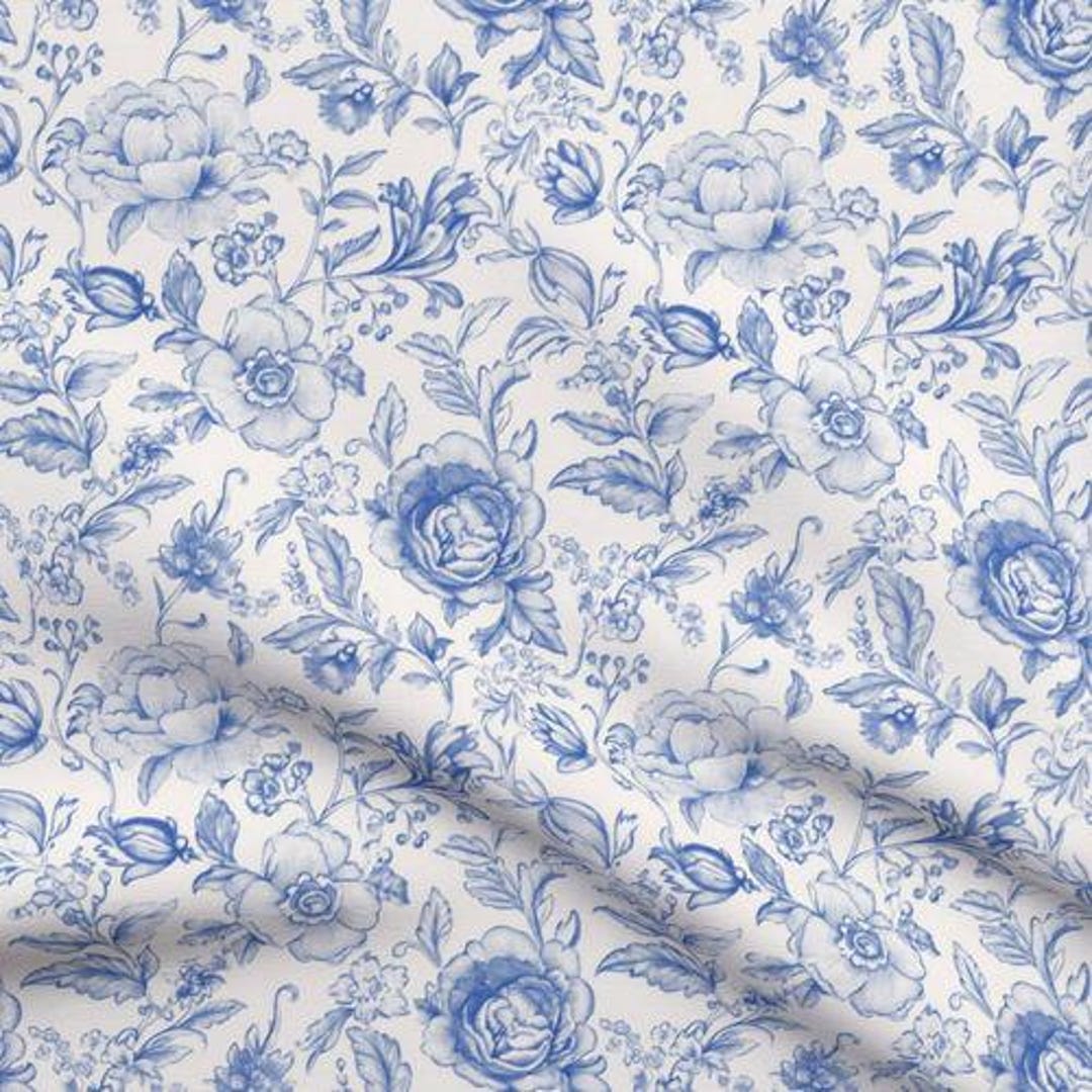 Vintage Blue Floral Fabric by the Yard French Country Floral Toile De ...