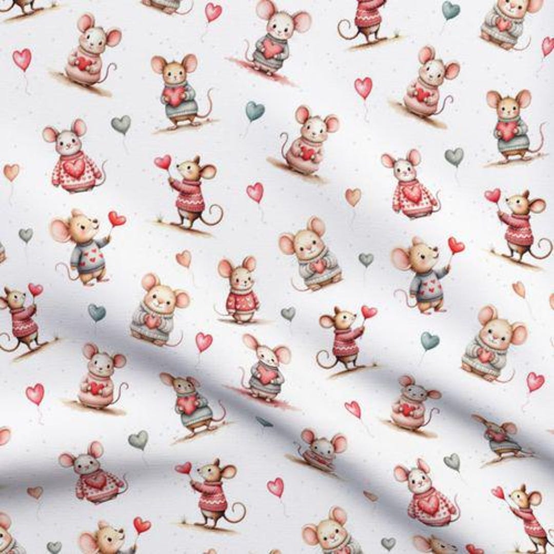 Heart Mouse Fabric by the Yard Birthday Mice With Watercolor Balloons ...