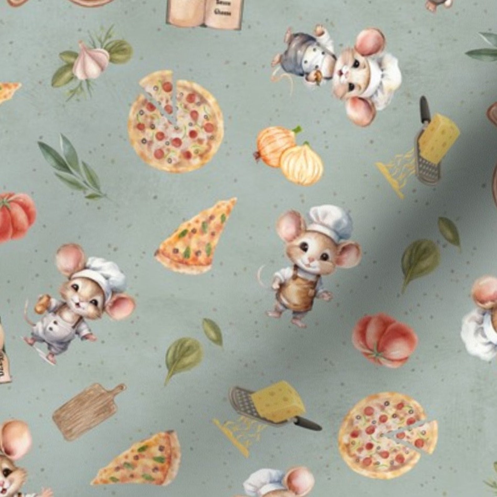 Pizza Chef Fabric by the Yard Italian Cute Mice Fabric Festa Della ...