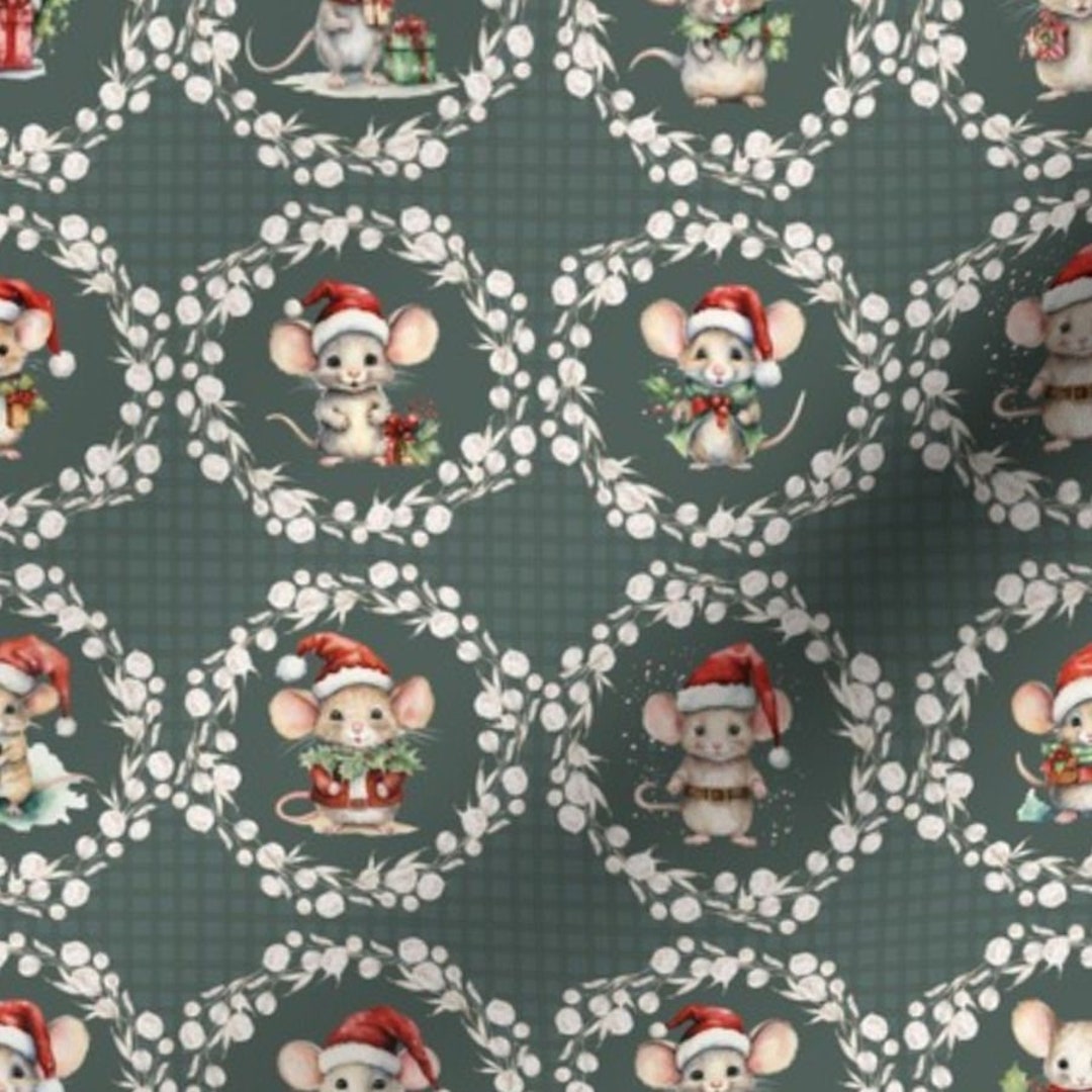 Christmas Mice Fabric by the Yard Dark Green Christmas Plaid Fabric ...