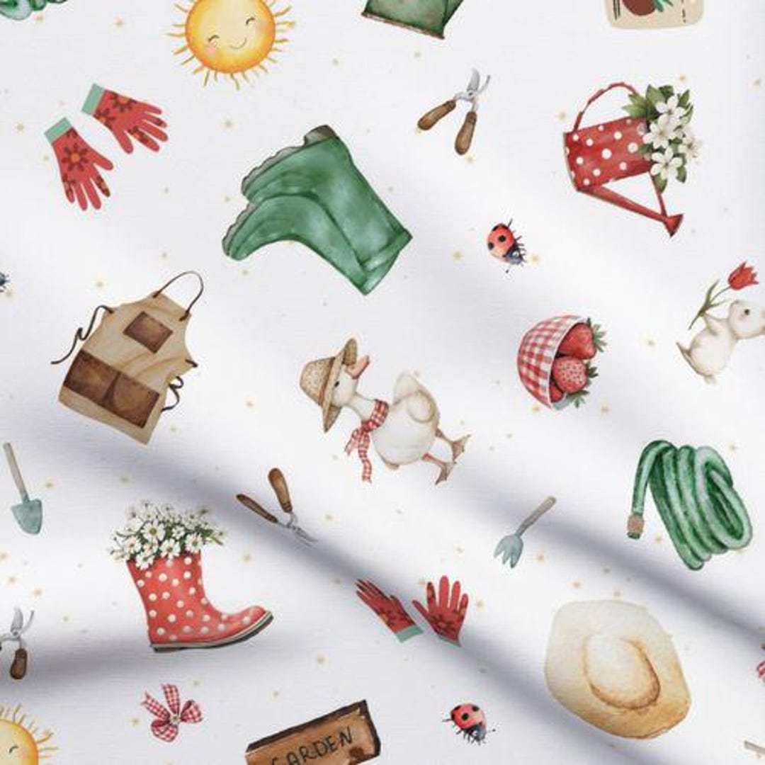 Spring Garden Fabric by the Yard Flower Garden Tools Greenhouse ...