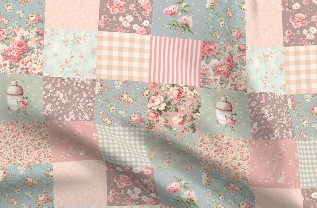Vintage Rose Shabby Chic Patchwork Fabric by the Yard Pastel Floral Cheater Quilt for Girl Quilt ...