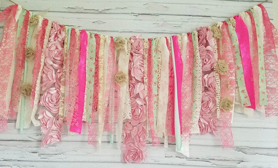 Hot Pink and Mint Shabby Banner Garland - Etsy