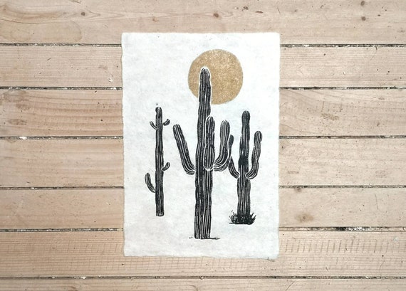 Saguaro Sunrise Linocut Print - Etsy
