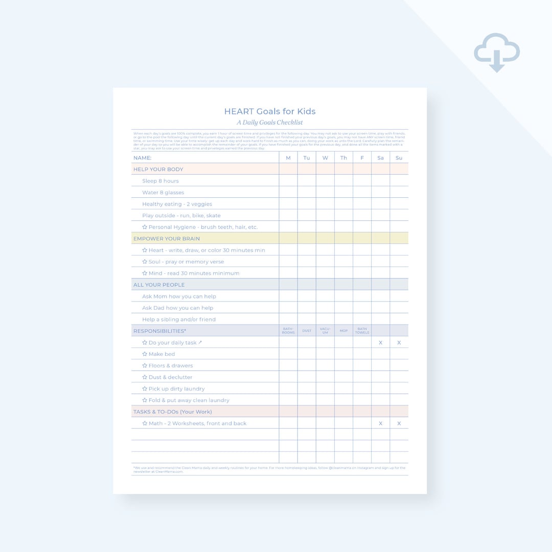 Printable HEART Goals for Kids Checklist - Etsy