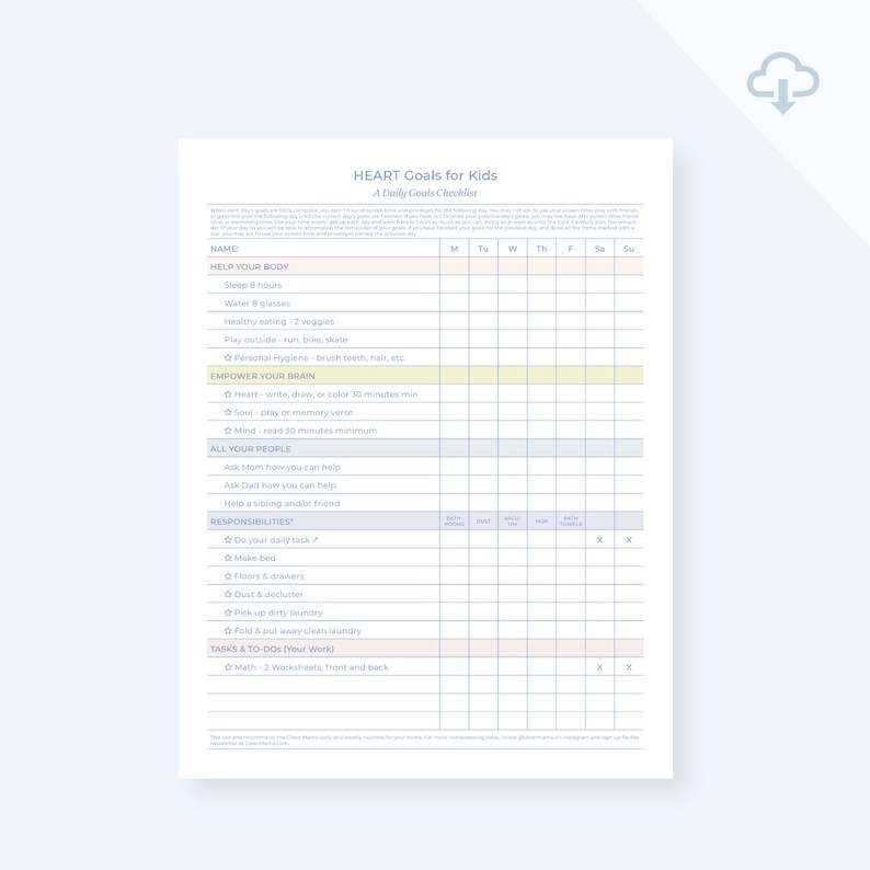 Printable HEART Goals for Kids Checklist - Etsy