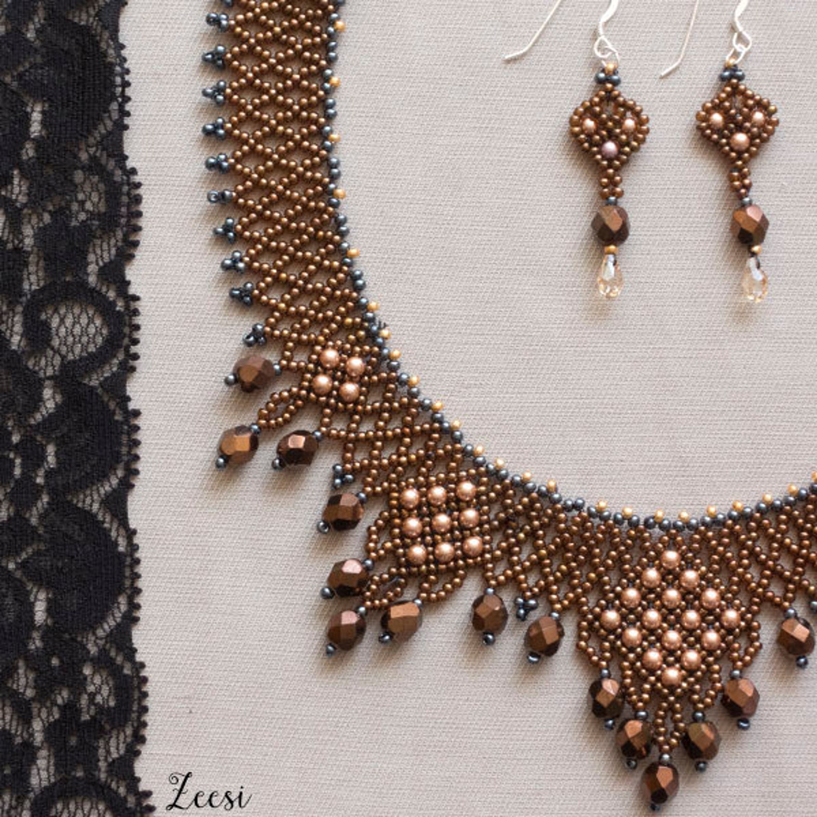 Lustre Cooper Collar Necklace, Peach Pearl Beaded Necklace - Etsy