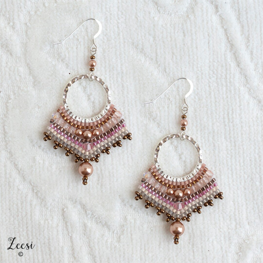 Pink, Peach and Copper Beaded Silver Hoop Earrings, Beaded Earrings - Etsy