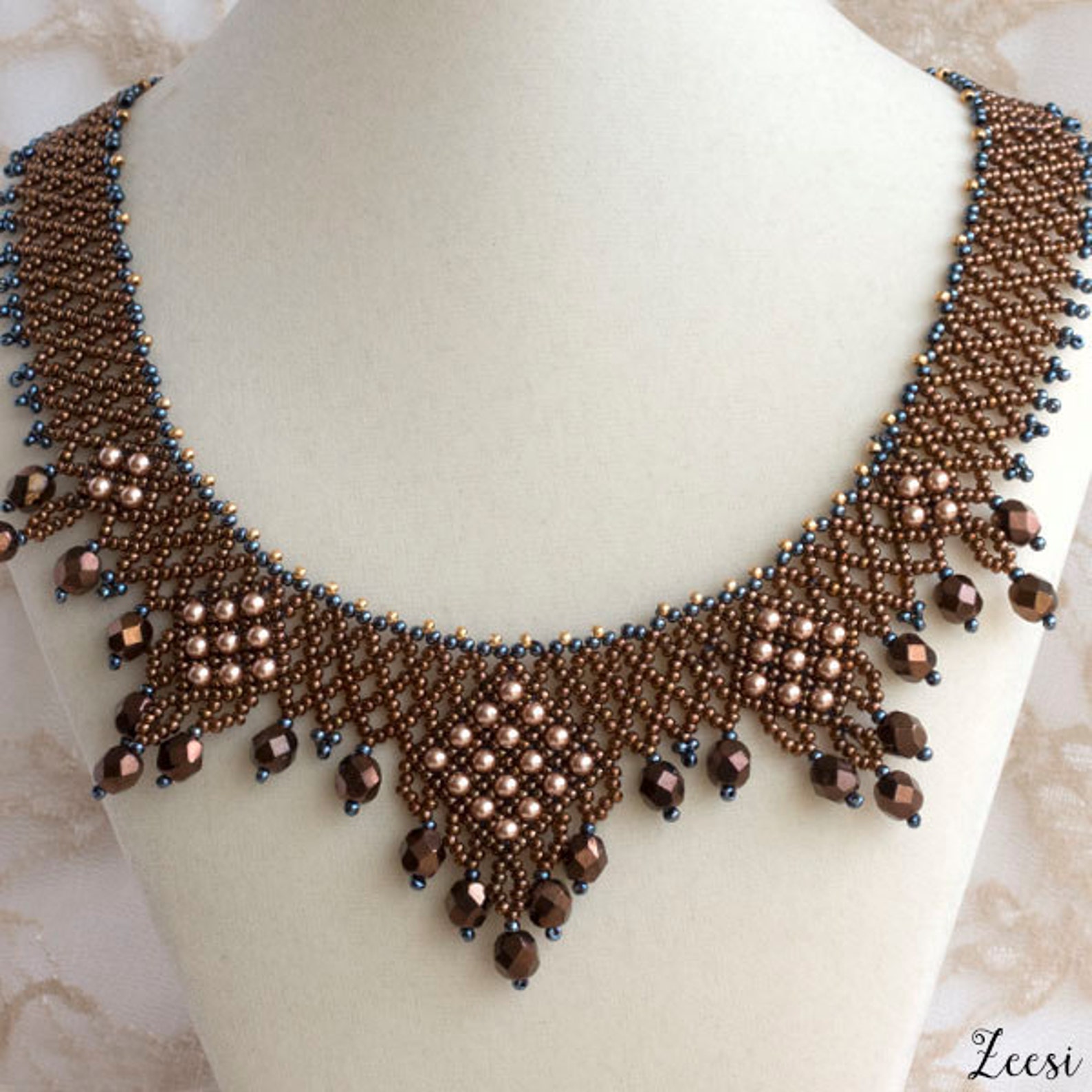 Lustre Cooper Collar Necklace, Peach Pearl Beaded Necklace - Etsy