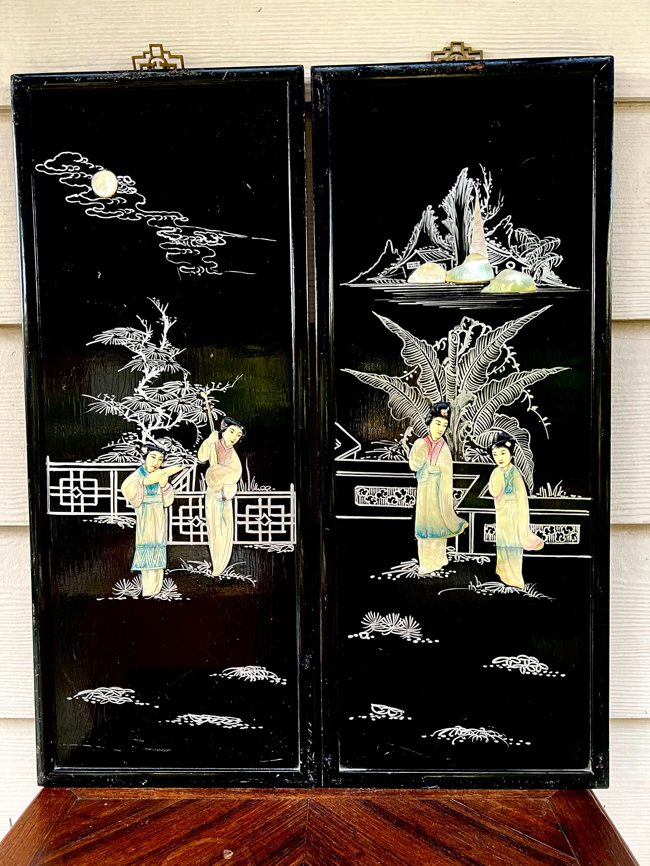Beautiful Vintage Asian Black Lacquer Wall Panel Set/mother of Pearl ...