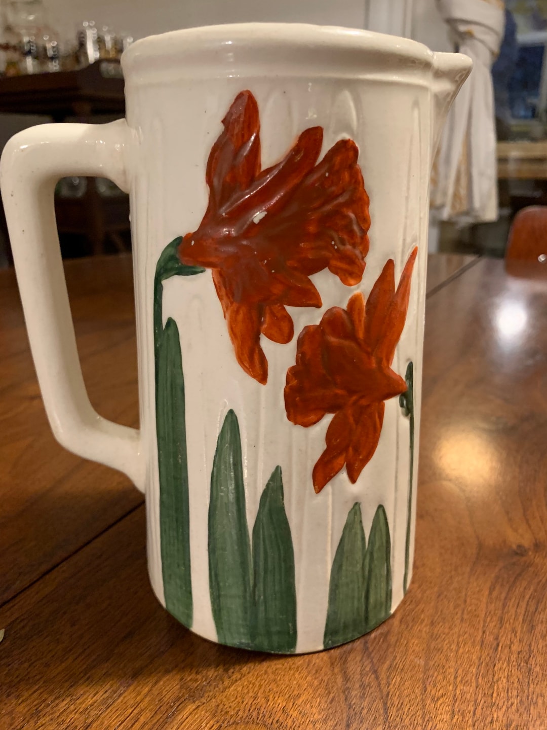 Antique Avon Faience Wheeling Pottery Red Daffodil Pitcher/early 20th ...