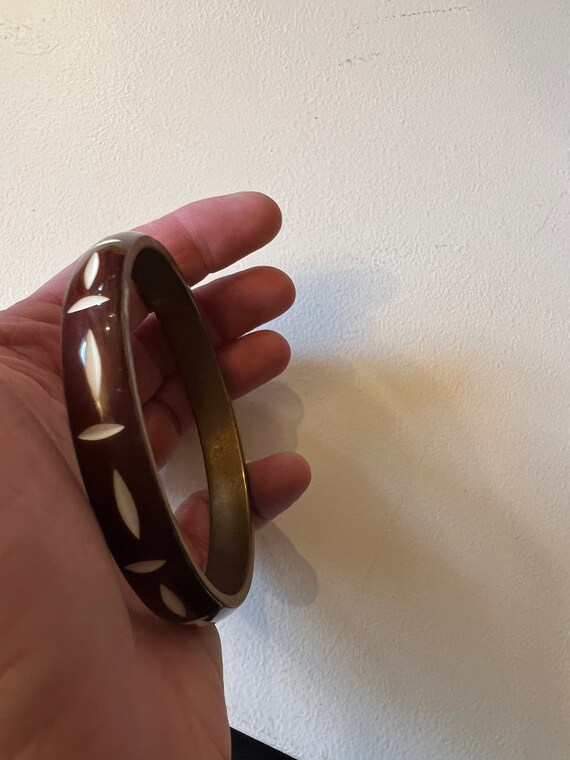 Vintage Carved Inlaid bone and Brass Bangle, Chocolat… - Gem