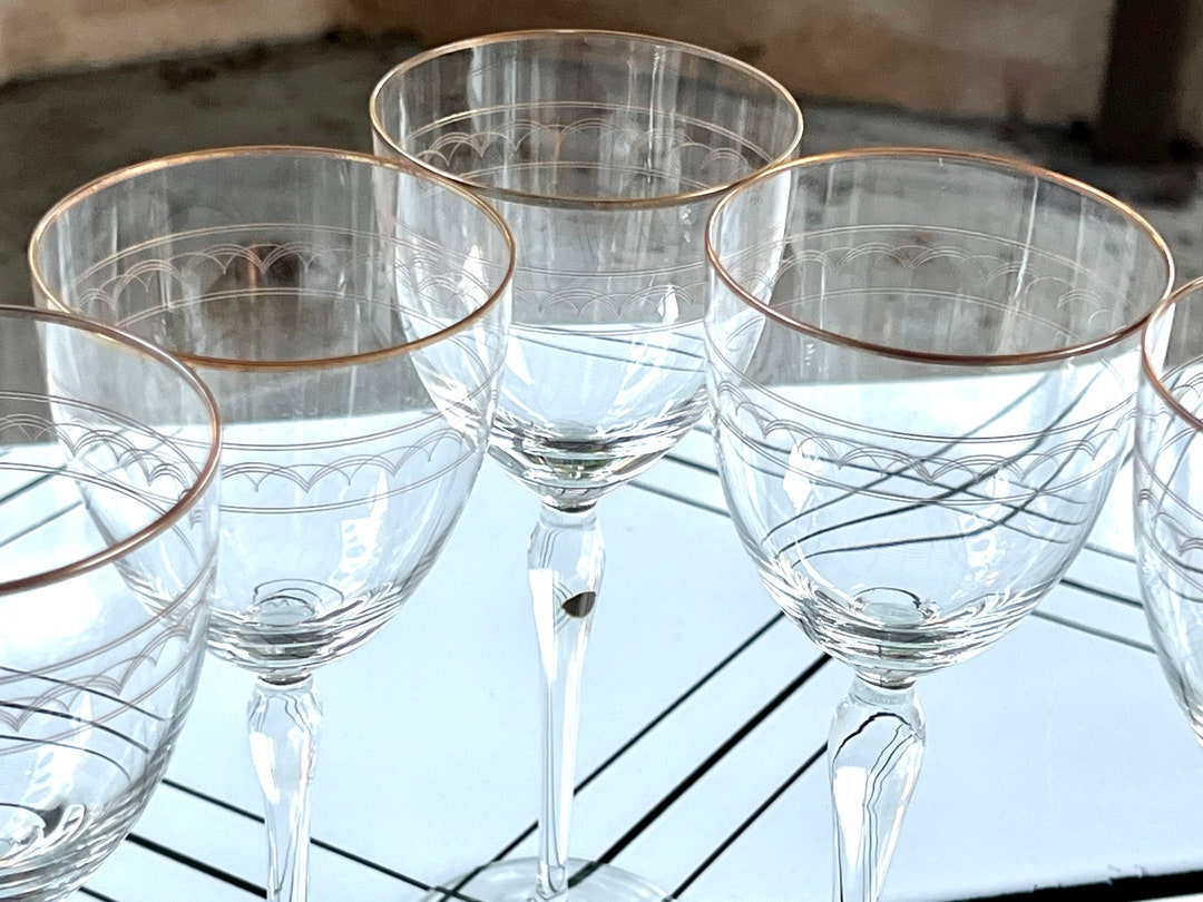 Vintage Set of Etched Bavarian Crystal White Wine Glasses With Gold ...