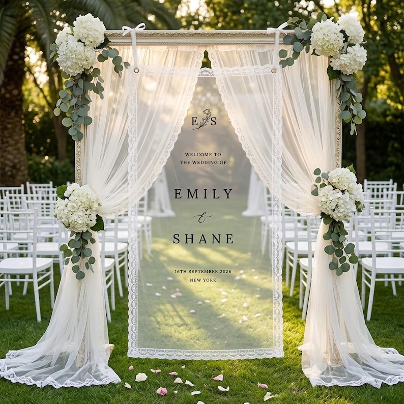 Personalized Wedding Welcome Sign: Sheer Tulle Banner, Lace Trim ...
