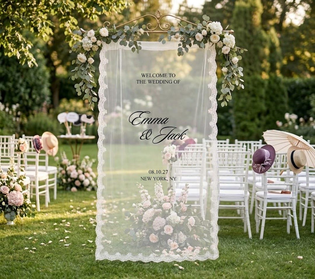 Personalized Wedding Welcome Sign: Sheer Tulle Banner, Lace Trim ...