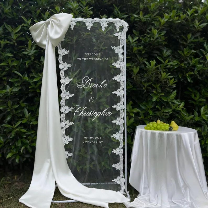 Personalized Wedding Welcome Sign: Sheer Tulle Banner, Lace Trim ...