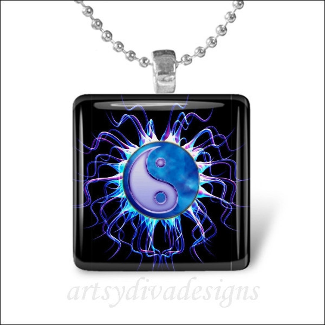 ELECTRIC YING YANG Blue Chinese Symbol Light Water Glass Tile Pendant ...