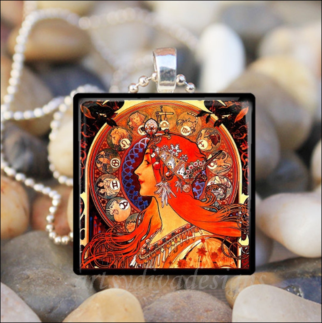 RED HAIRED GODDESS Alfons Alphonse Mucha Art Nouveau Deco Glass Tile ...