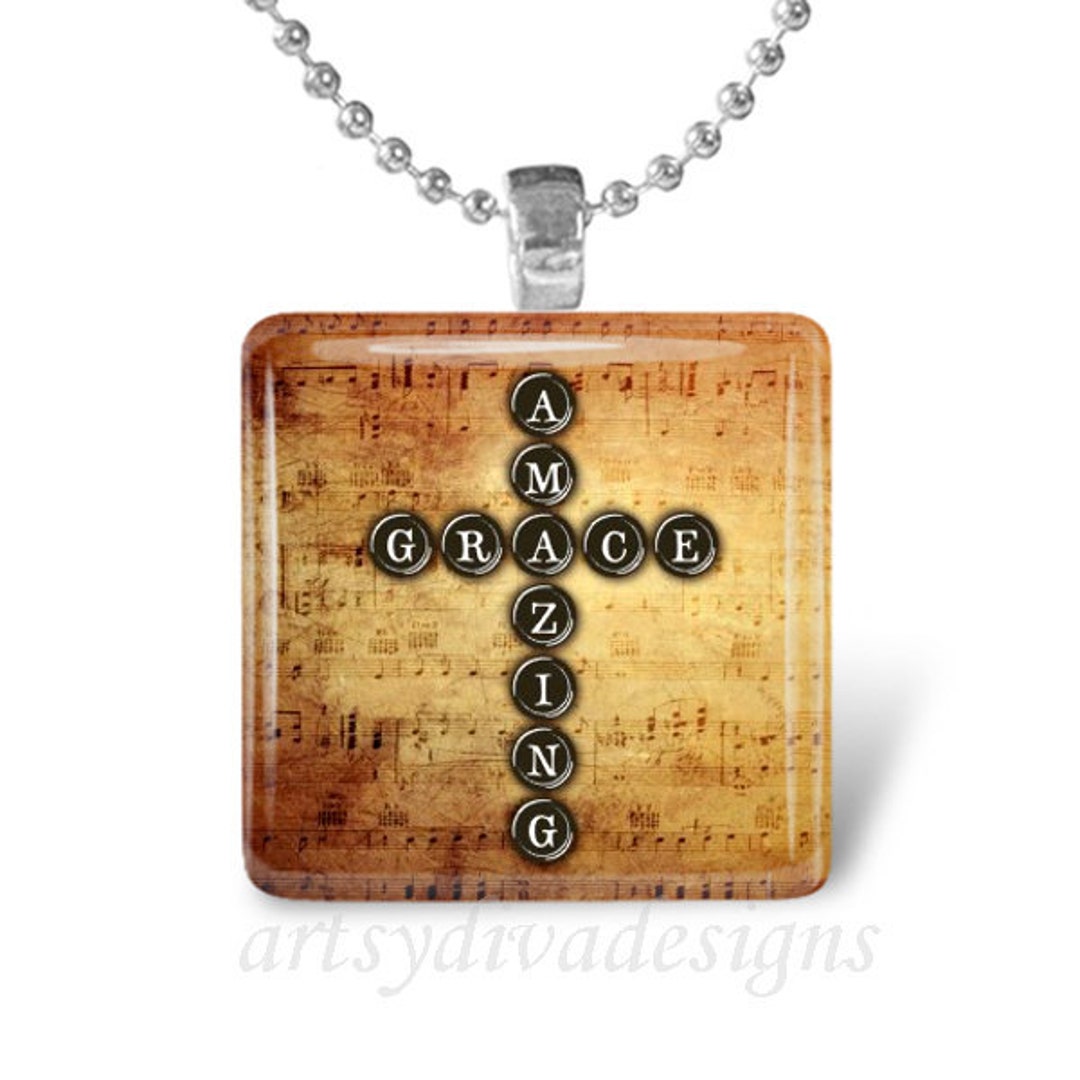 AMAZING GRACE Holy Bible Jesus God Cross Religious Glass Tile Pendant ...