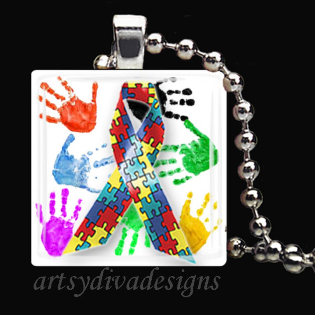 AUTISM AWARENESS Rainbow Puzzle Pieces Ribbon Hands Glass Tile Pendant ...