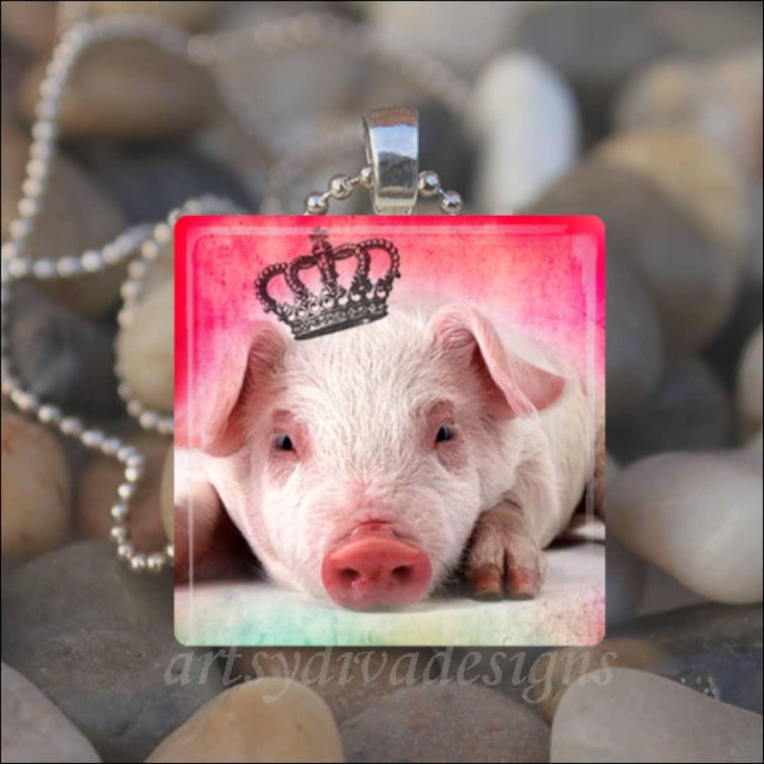 PRINCESS PIG Queen Diva Pig Lover Glass Tile Pendant Necklace Keyring ...