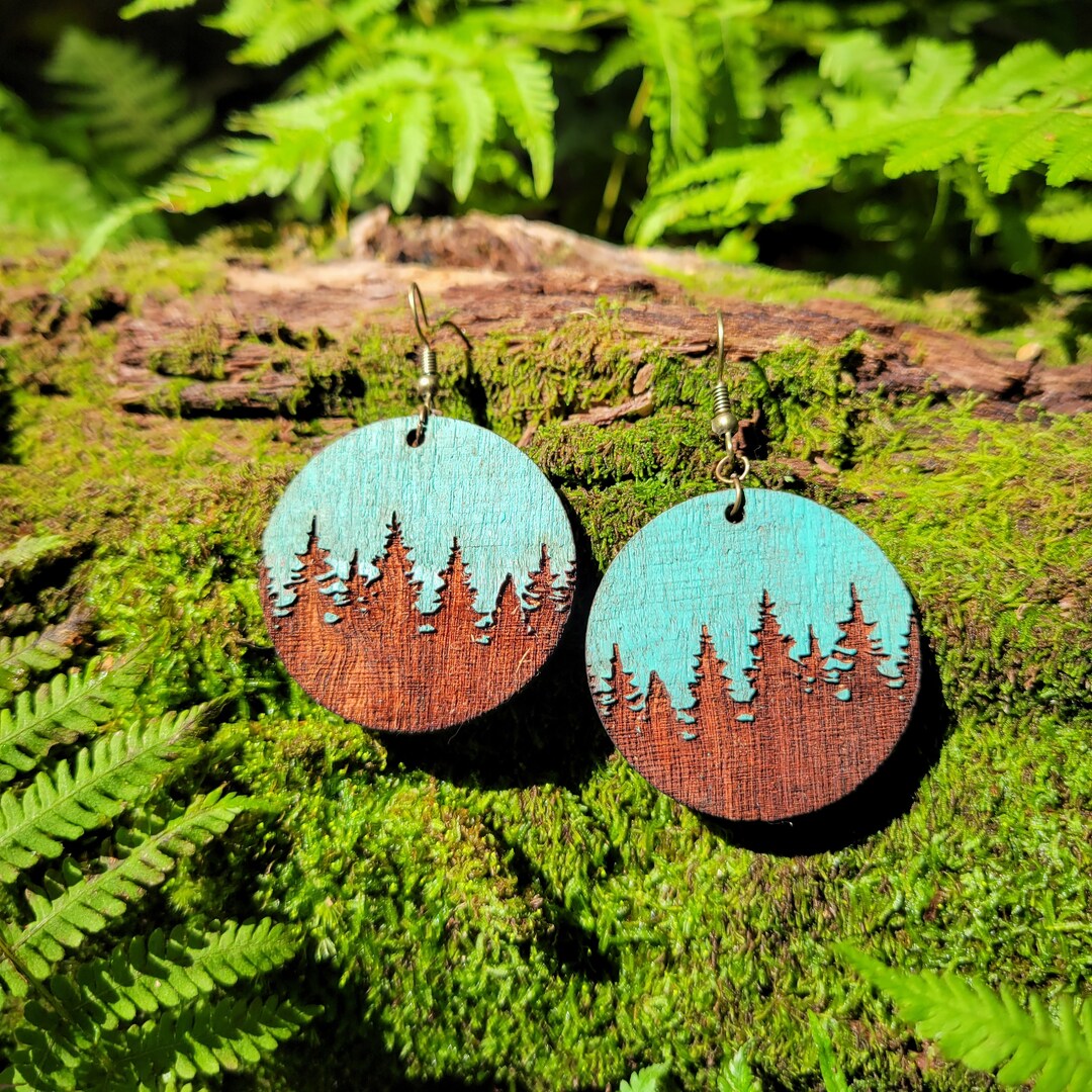 Wood Earrings | Painted Wood | Engraved | Antique Brass Hooks | Trees ...