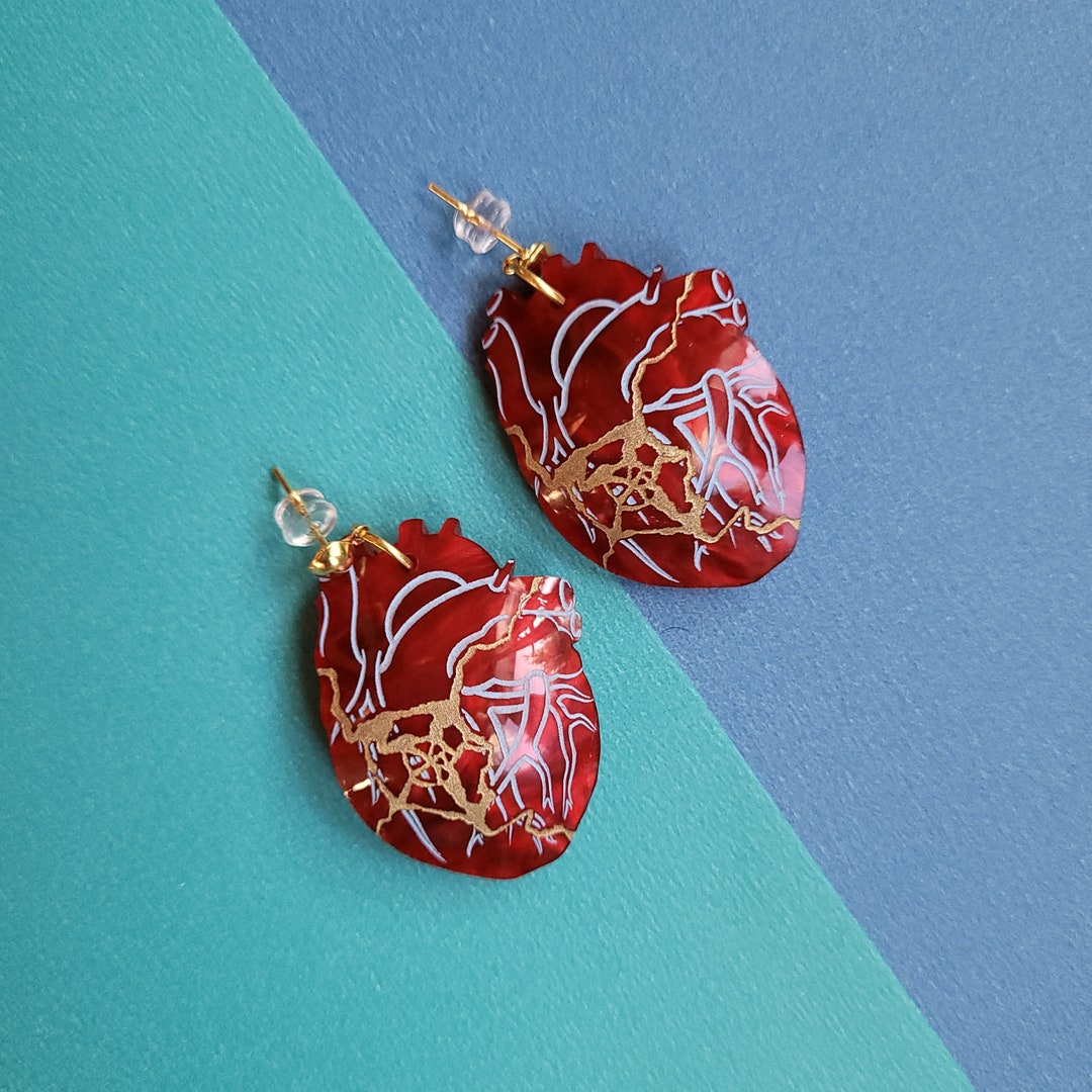 Red Kintsugi Heart Earrings - Laser Cut Acrylic - UK Seller - Etsy