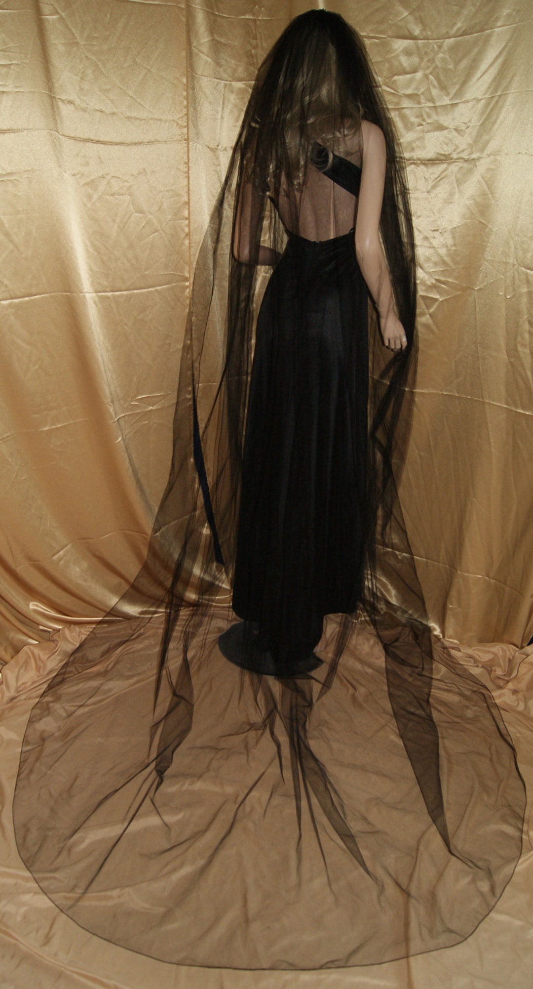 Soft Full Gothic Black Red Wedding Veil Cathedral Costume Mourning ...