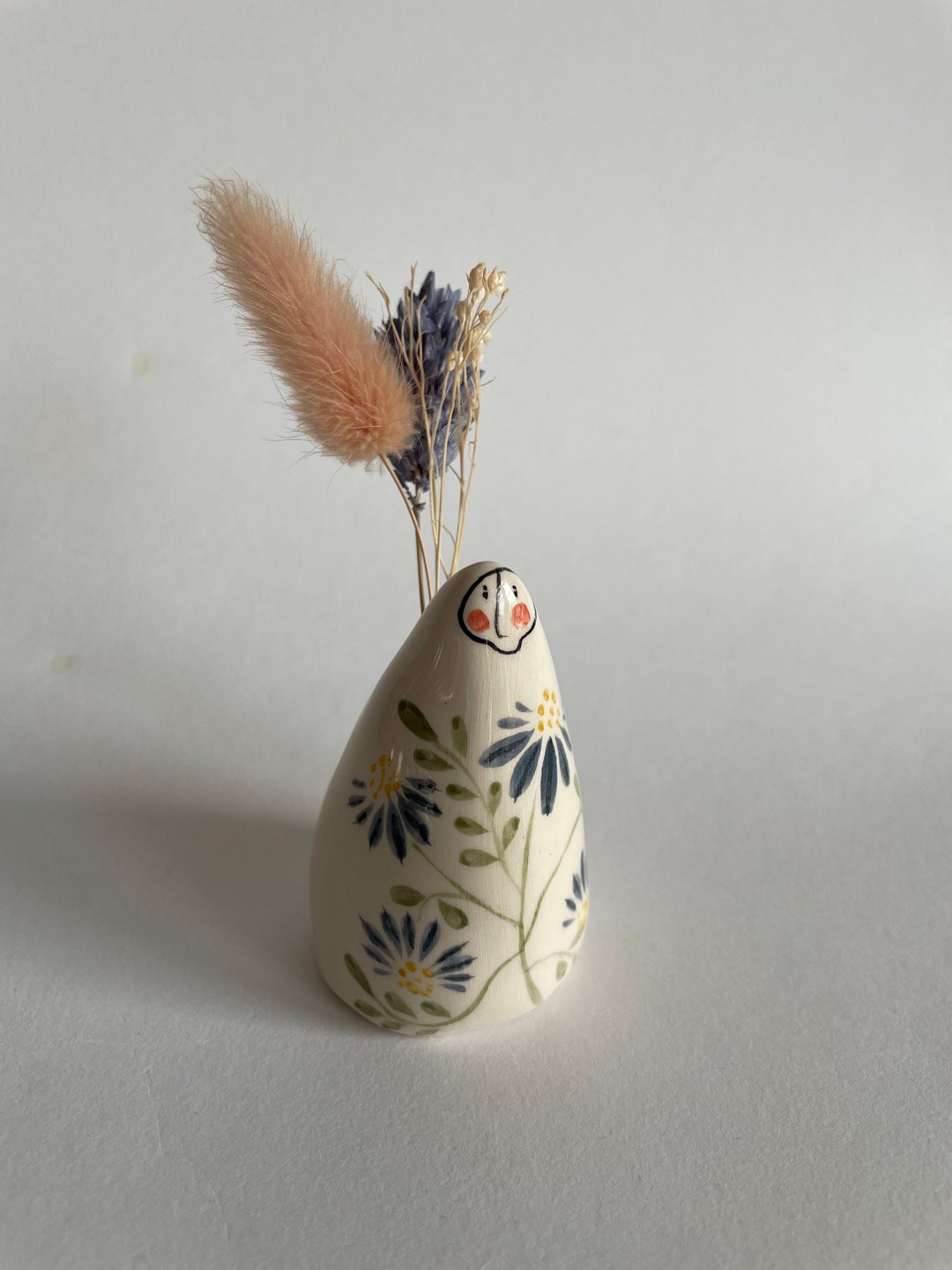 Handmade Ceramic Blue Flowers Botanical Russian Doll Dried Flower Vase ...