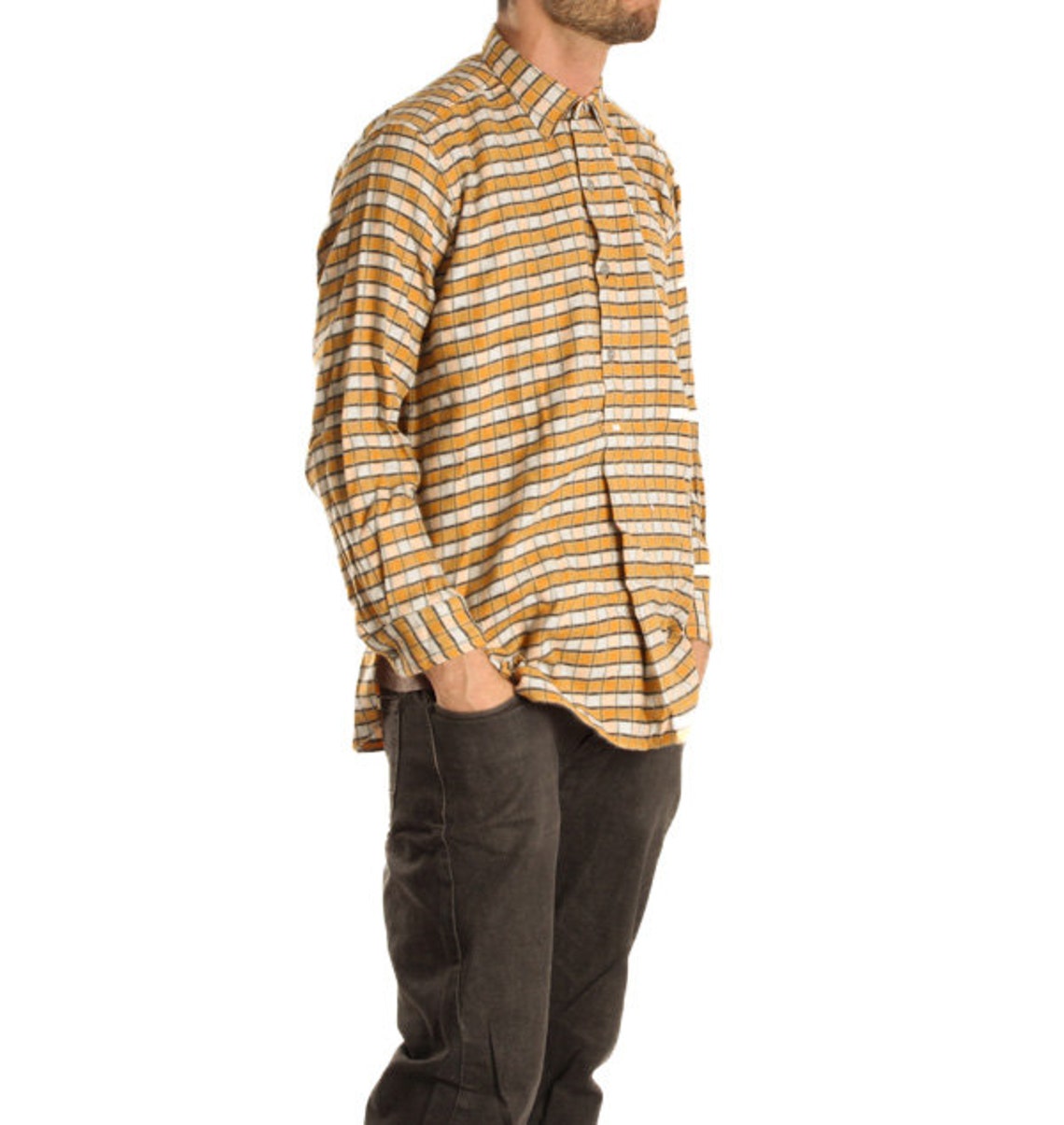 Vintage Mustard Striped Flannel Shirt / White Yellow Retro 70s Long ...