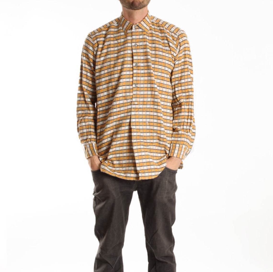 Vintage Mustard Striped Flannel Shirt / White Yellow Retro 70s Long ...