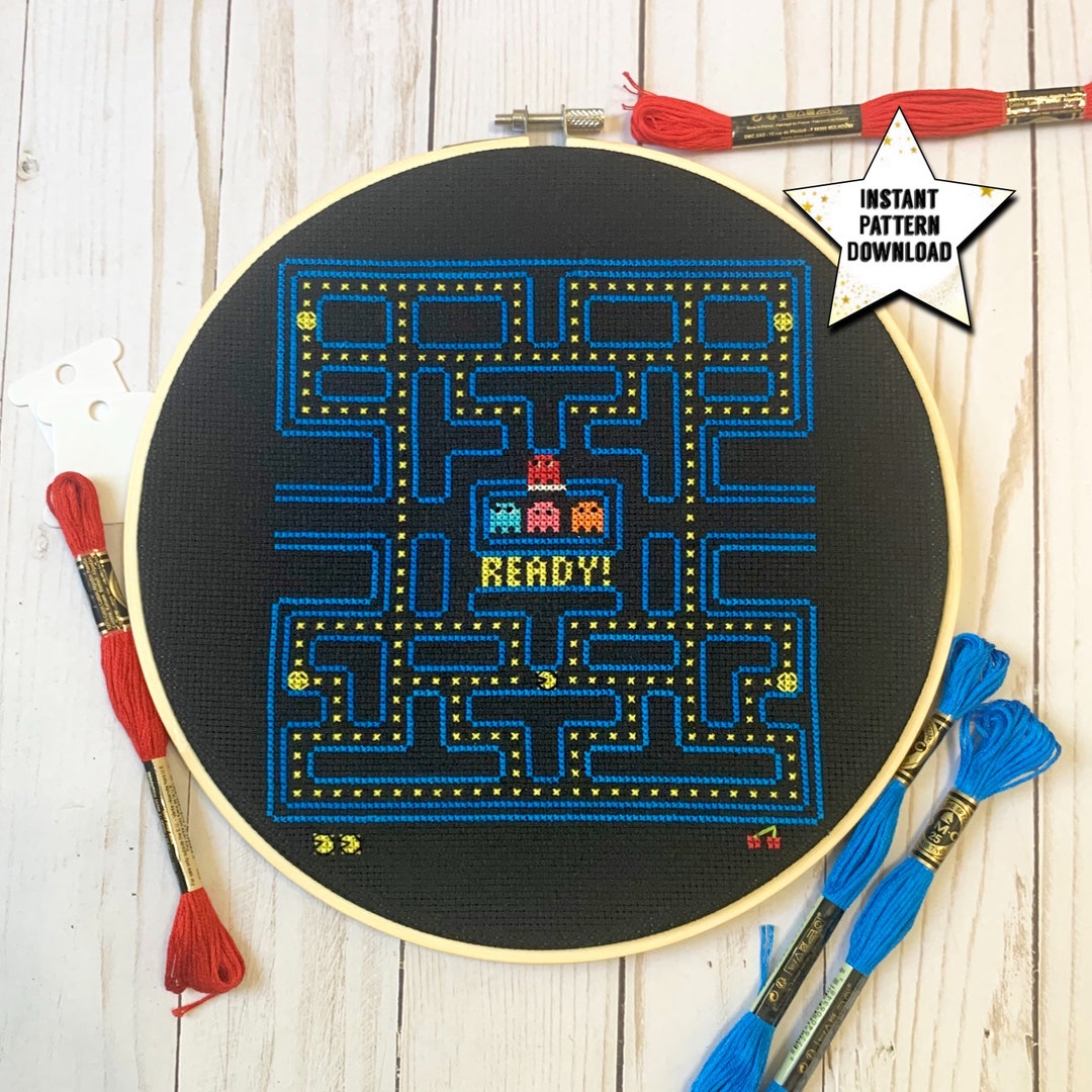Pacman Video Game Counted Cross Stitch Pattern | Easy Modern Embroidery | Instant Digital ...