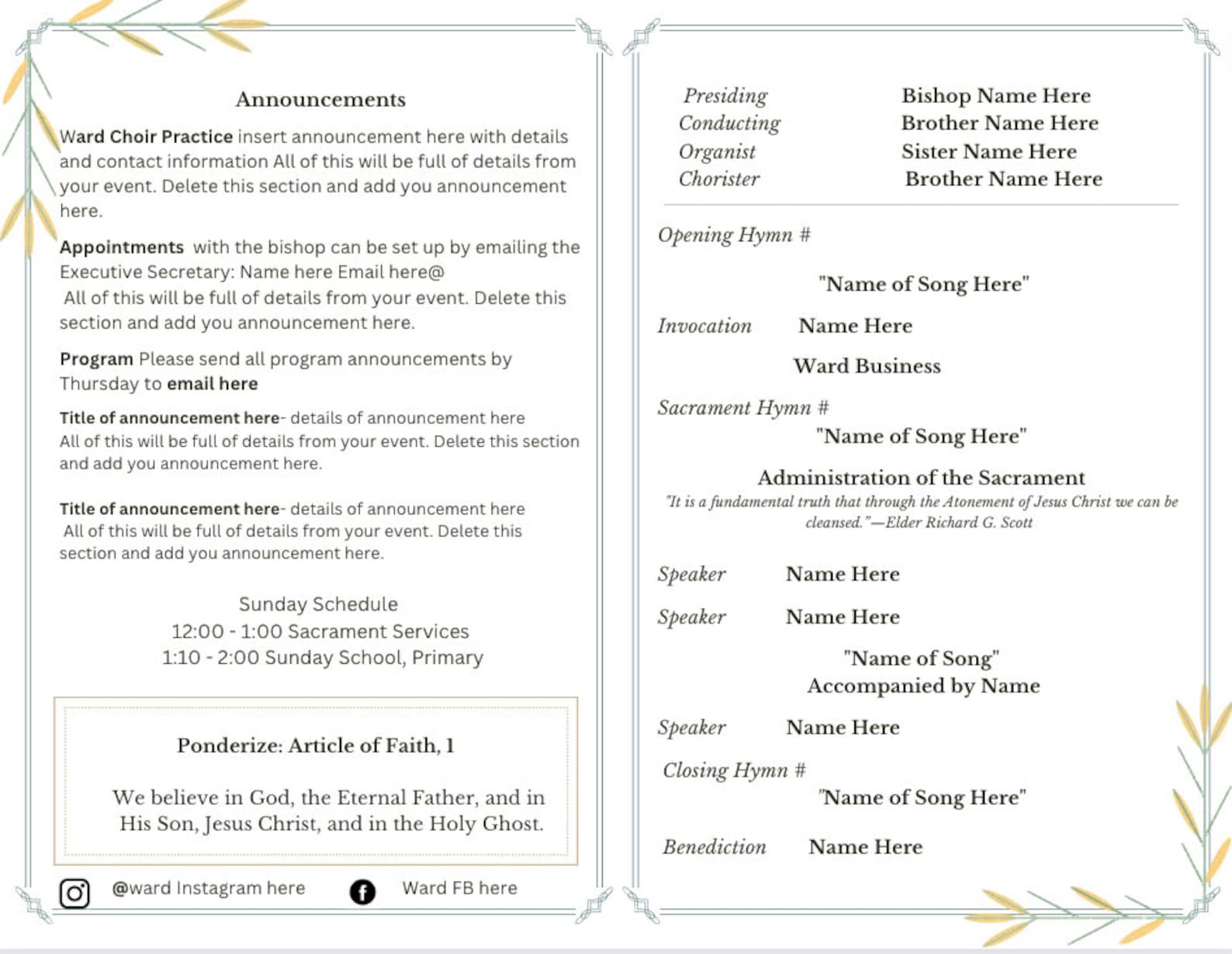 Customizable Church Program Template: LDS Ward Bulletin| Bifold Program ...
