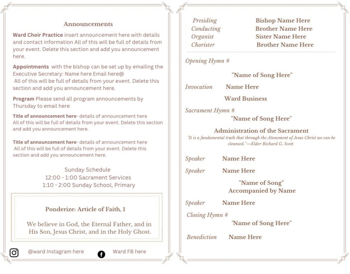 LDS Ward Bulletin Template: Customizable Church Program (canva) - Etsy
