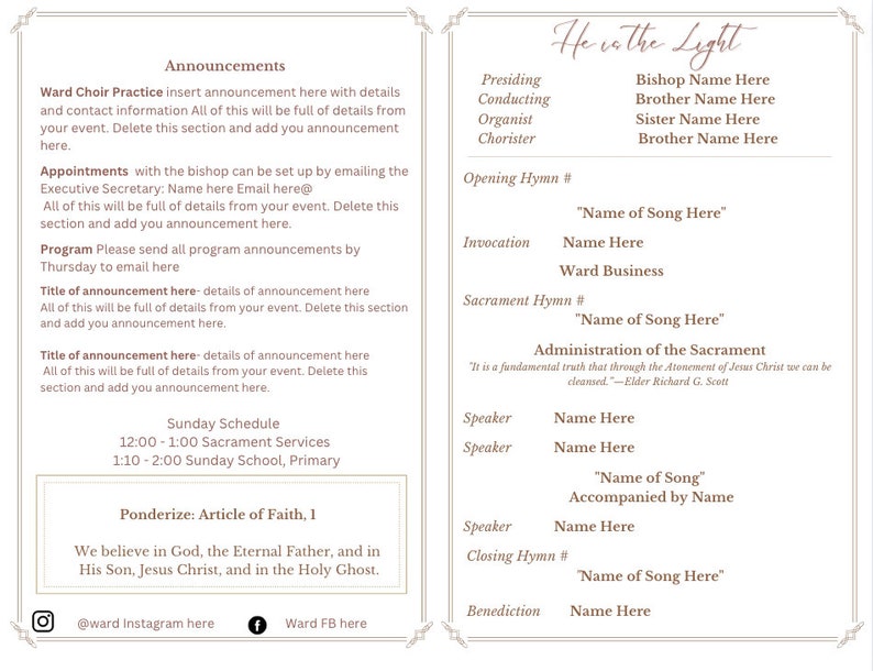 Customizable Church Program Template: LDS Ward Bulletin| Bifold Program ...