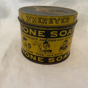 Vintage Advertising Tin Metal Box Mione Waterless Cleaner Soap Yellow ...