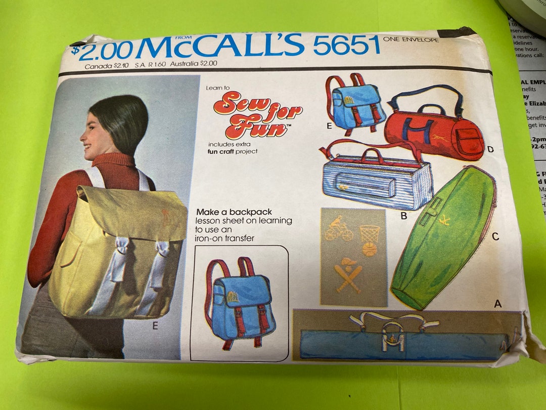 Mccall Sewing Pattern 5651 Backpack Tennis Ski Golf Tote Bag Transfer ...