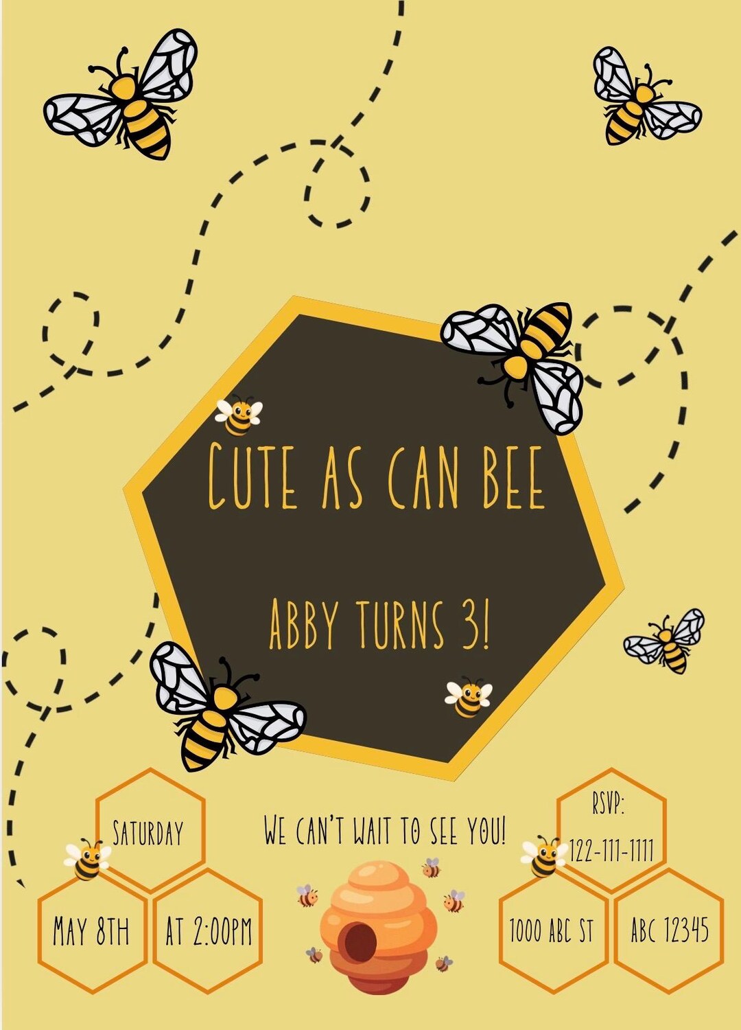Third Birthday Party Invitation | Bee Preview | Editable Canva Template ...