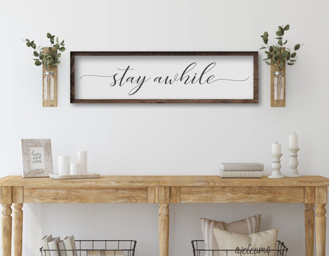 Framed Wood Stay Awhile Sign, Entryway Wall Art, Stay Awhile Wooden ...