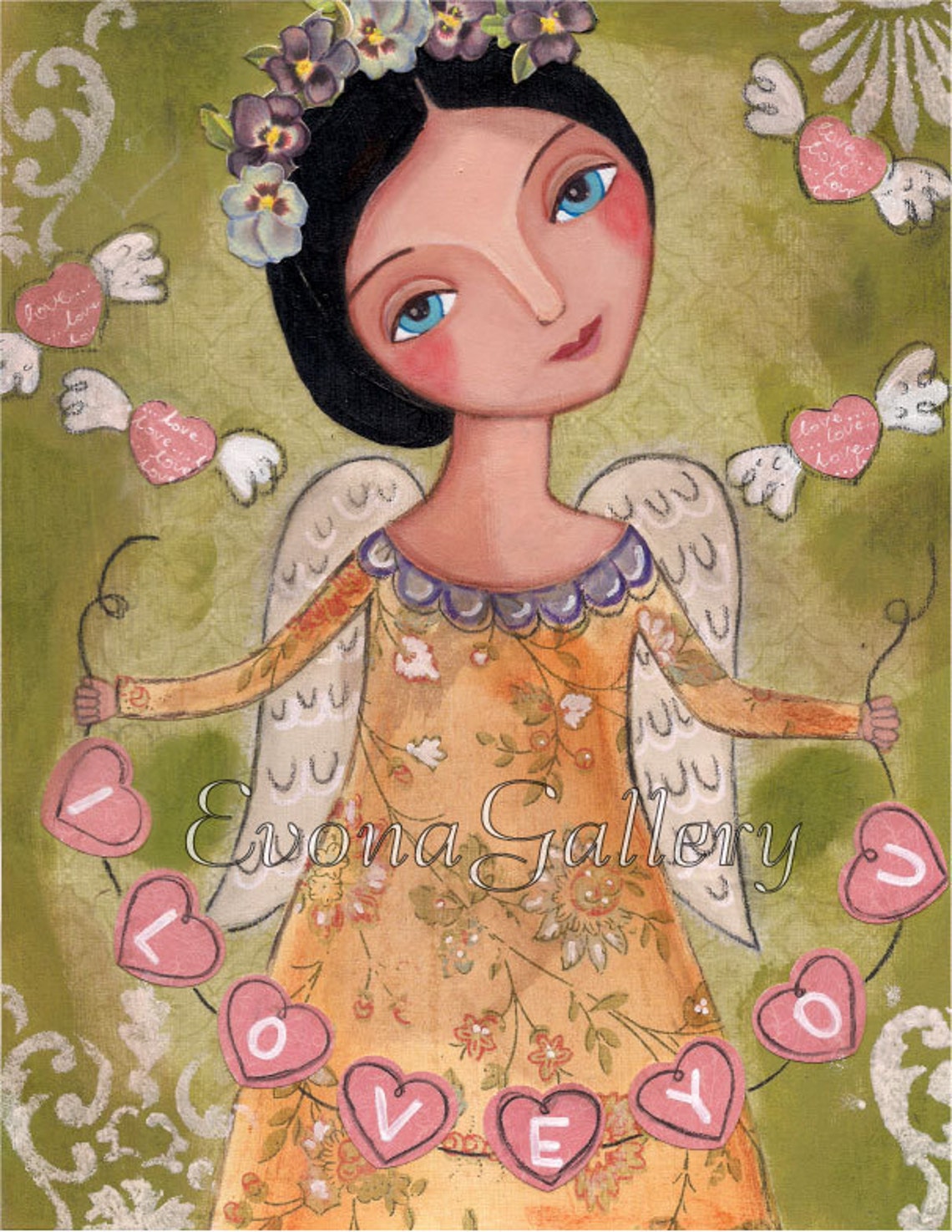 Print Painting Mixed Media I Love You Angel mix Media Folk - Etsy