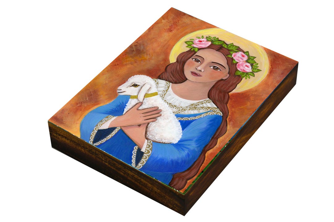 Saint Agnes of Rome With Lamb Icon, Wood Block, Saint Agnes the Martyr ...