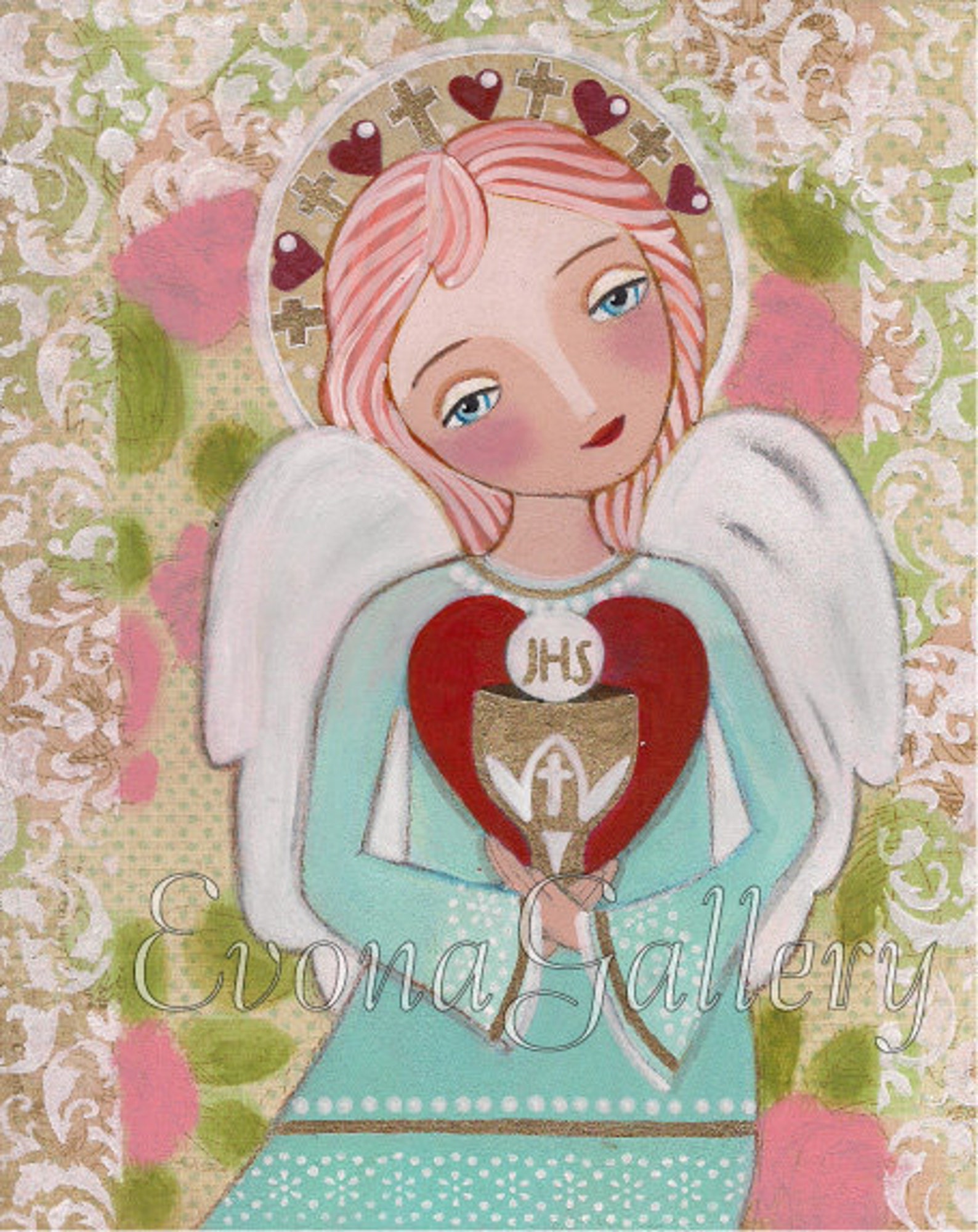 Folk Art Print First Communion Angel Mixed Media Wall - Etsy