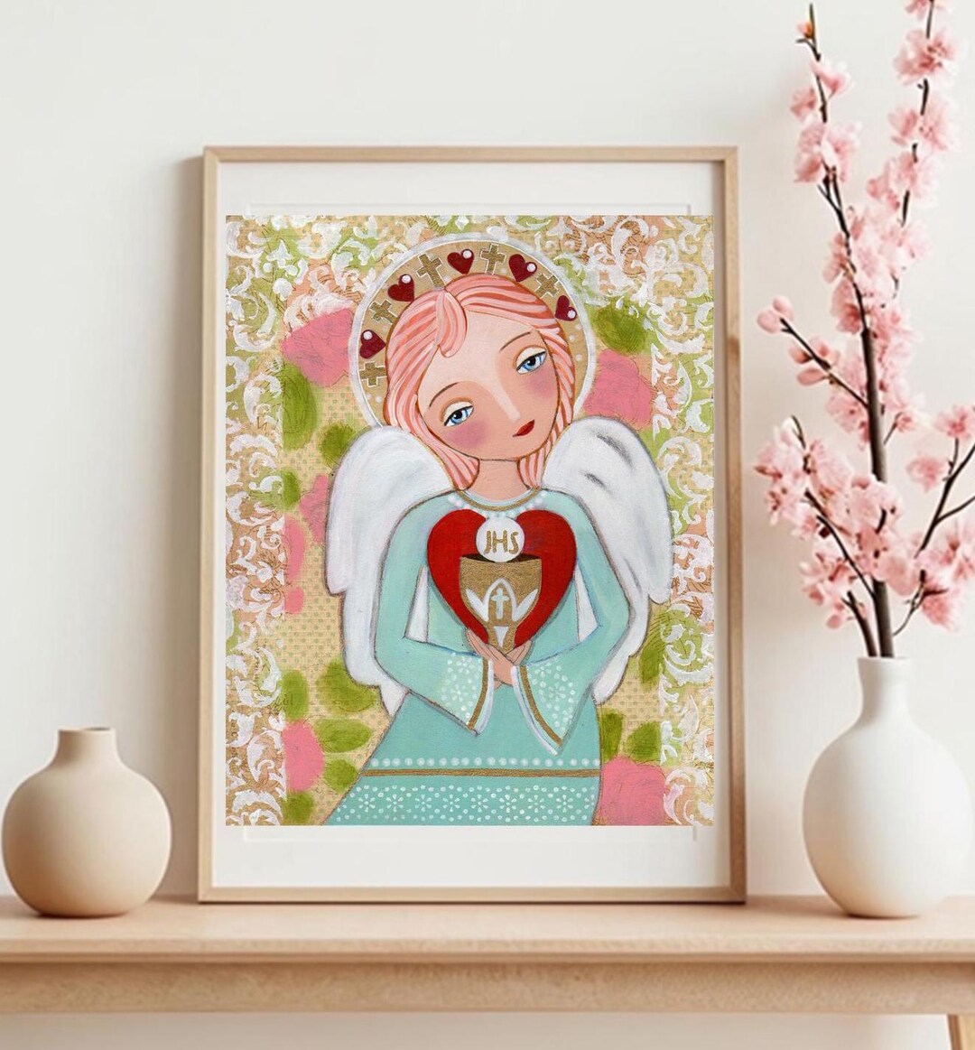 Folk Art Print, First Communion Angel, Mixed Media, Wall Decore by ...