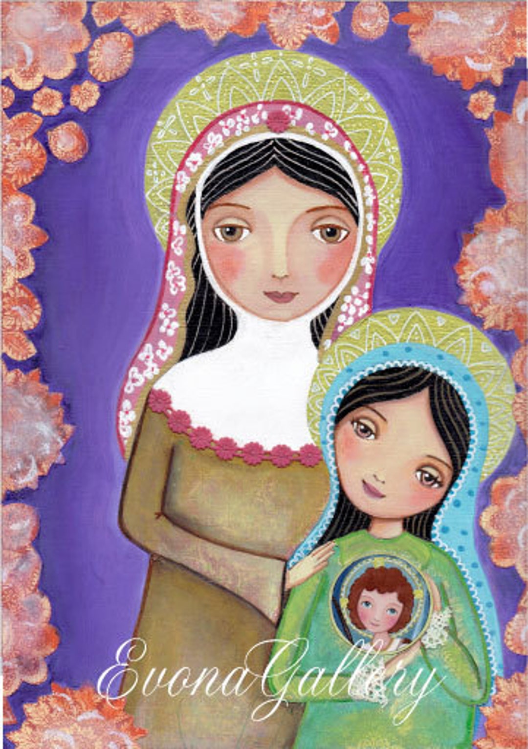 Folk Art Painting, Icon of Saint Anne, the Mother of the Blessed Virgin ...